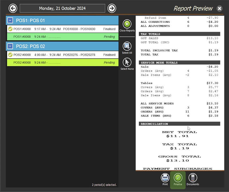 End of Day Z Report for Multiple POS Terminals