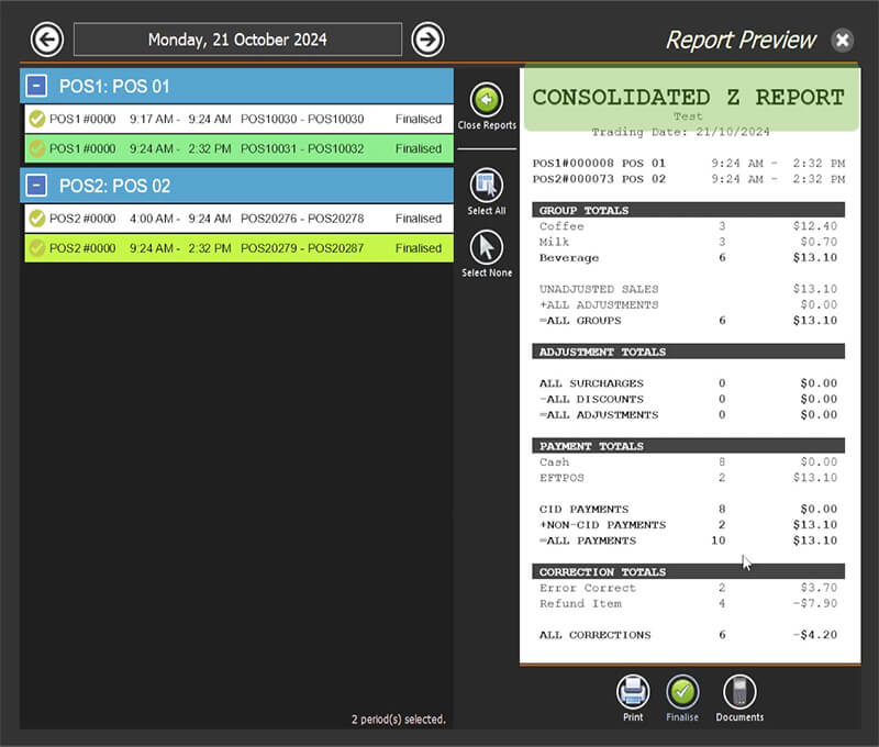 End of Day Z Report for Multiple POS Terminals